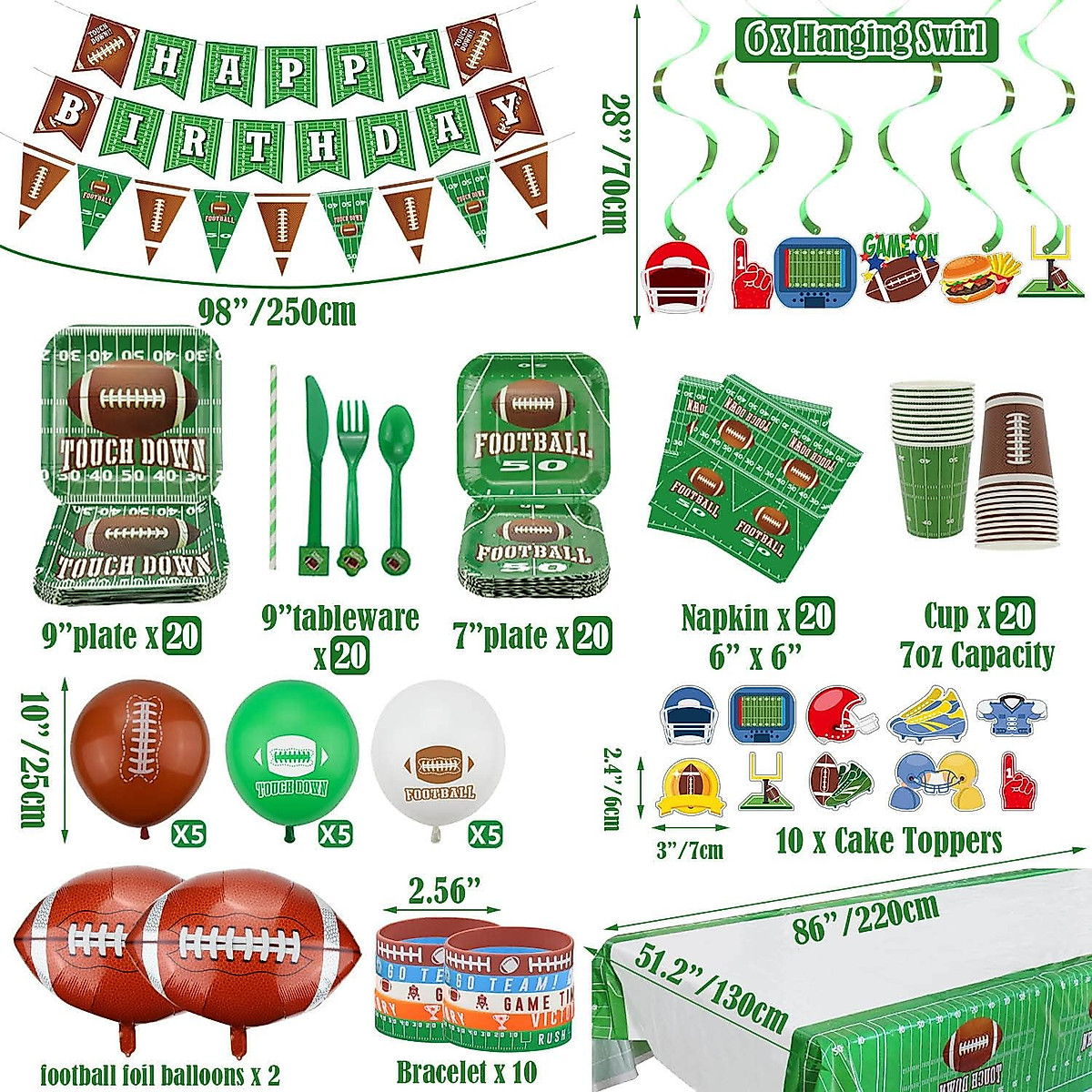 Football Theme Party Supplies,Including Birthday Banner, Football Silicone Bracelet, Hanging Swirl, Plates, Cups, Napkins, Tableware, Tablecloth, Football Birthday Party Decorations, Serves 20