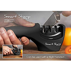 Lantana Smart Sharp Knife Sharpener - Professional 3 Stage Manual Sharpener for Sharpening Kitchen Knives - Ceramic Stone, Tungsten Carbide Plates, Diamond rods. Ergonomic Design, Black/Chrome Finish