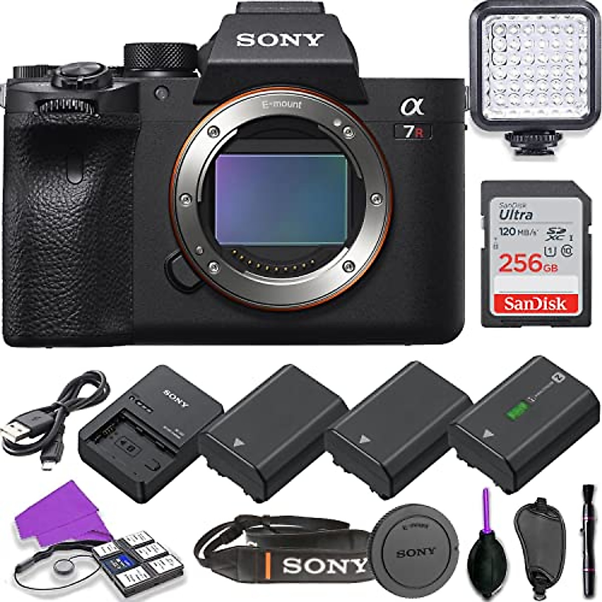 Sony a7R IVA Mirrorless Body Only Camera (Black) Bundle + Accessories (LED Light, 256Gb Memory, Extra Batteries and More)