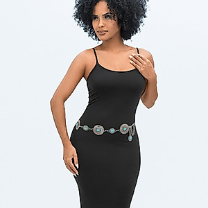 Navoky Turquoise Chain Belts Concho Belt Silver Metal Western Waist Chain Retro Boho Cowgirl Outfit Accessories for women (F, Small)