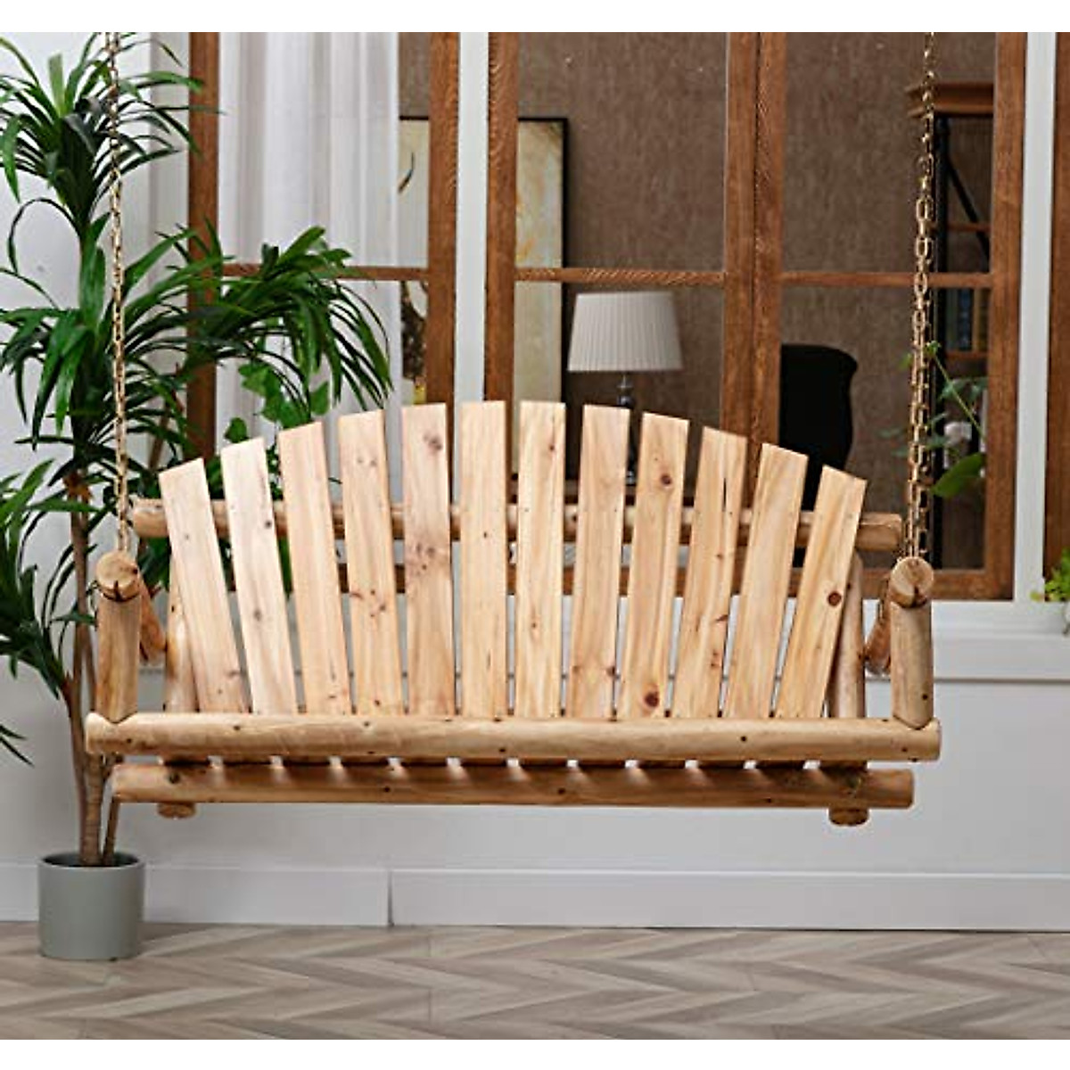 Anraja 800lbs Rustic Hanging Log Porch Swing Wood with Chains Heavy Duty 4 Ft, Lightly Toasted