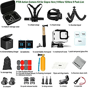 Gurmoir Accessories Kit with Battery and Charger for Gopro Hero 11 10 9 Black. Waterproof Housing Case+Selfie Stick+Tripod+2 Battery+3-Channel Charger Station Compatible with Go Pro 11 10 9(PT09)