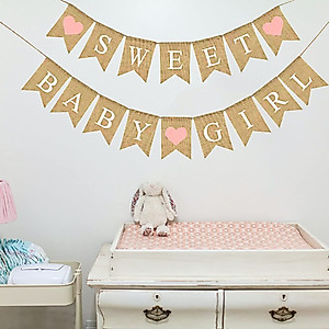Baby Shower Banner Burlap Rustic Girl Baby Shower Decorations, Sweet Baby Girl Sign Garland for Girl Shower Decoration