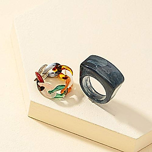 2/3Pcs Retro Thick Resin Transparent Acrylic Chunky Wide Face Unique Square Dome Knuckle Ring Colorful Chain Stackable Statement Finger Band Ring for Women Jewelry Festival Gifts-B black