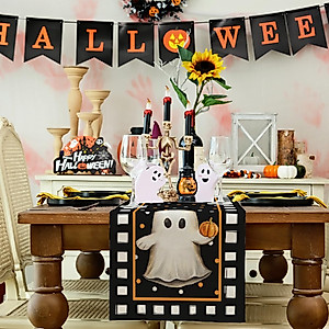 ARKENY Halloween Table Runner 13x72 Inches, Pumpkin Spooky Ghost Seasonal Burlap Polka Dots Farmhouse Indoor Kitchen Dining Table Decorations for Home Party AT454-72