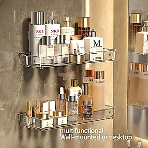 zeochyni Adhesive Shower Caddy Shelf, 2 Tier Floating Shelves for Bathroom Organizer & Wall Storage Home Decor, No Drilling Hang Walls Adhesive Shelf or Bathroom Counter Organizer (Clear)