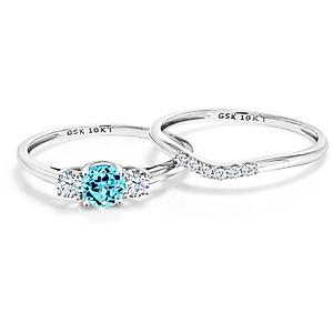 10K White Gold Swiss Blue Topaz and White Created Sapphire and White Lab Grown Diamond 3-Stone Bridal Engagement Wedding Ring Set For Women (0.88 Cttw, Gemstone November Birthstone, Round 5MM, Size 7)