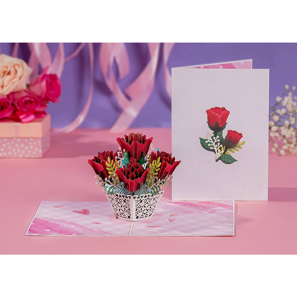 Paper Love 3D Lovely Roses Pop Up Card, Gift for Birthday, Wedding, Anniversary, Thank You, Get Well, All Occasion or Just Because - 5" x 7" Cover - Includes Envelope and Note Tag