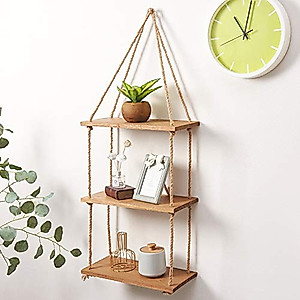 SAND MINE 3 Tier Wood Hanging Shelf, Floating Wall Swing Storage Shelves, Jute Rope Organizer Rack, Wall Shelf Plant Shelf Rope Shelf Storage Shelf Swing Shelf Floating Shelves Handmade Shelves