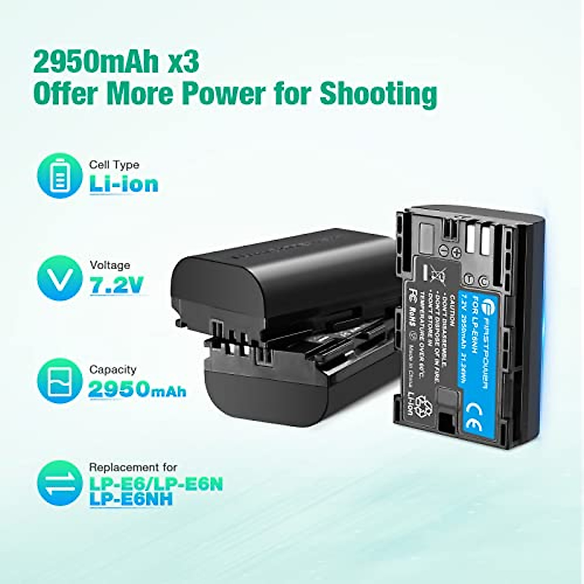 FirstPower LP-E6NH Battery 3-Pack and Triple Slot Charger Compatible with Canon EOS R R5 R6 R7 60D 70D 80D 90D 5D Mark II III IV 6D 6D II 7D 7D II Camera