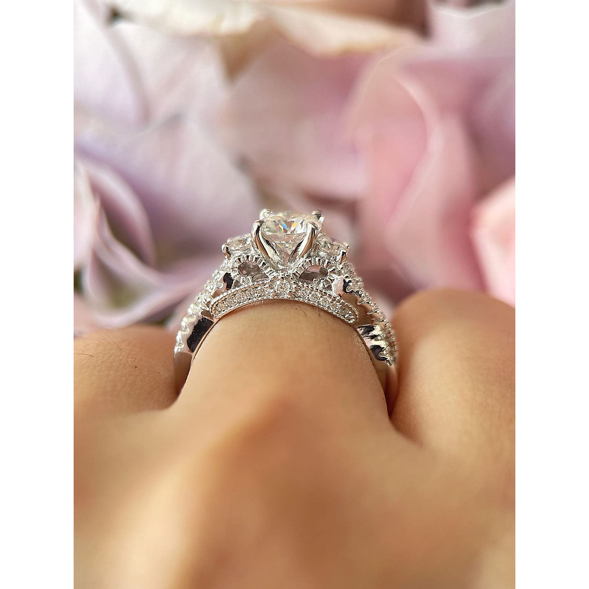 ZLAEBL 1.8CT Engagement Rings for Women, Round Three Stone Moissanite Ring White Gold Plated Silver Moissanite Rings, Twisting Wedding Rings for Proposal Wedding,9