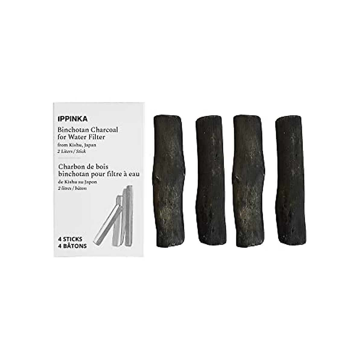 Binchotan Charcoal from Kishu, Japan - Water Purifying Sticks for Great-Tasting Water, 4 Sticks, Each Stick Filters up to 2 Liters of Water