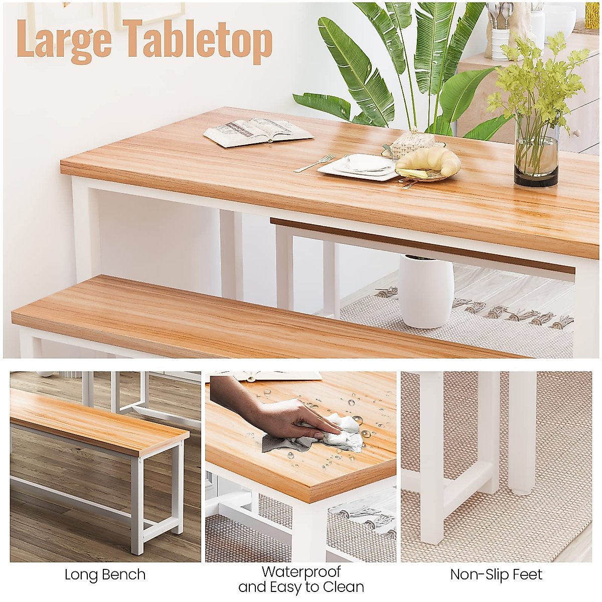 Recaceik 3-Piece Dining Table Set for 4, 43'' Dining Room Table Set with 2 Benches, Space-Saving Dinette Table with Metal Frame & MDF Board, Breakfast Table for Kitchen, Dining Room, Walnut