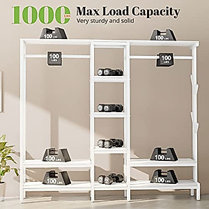 HOKEEPER Heavy Duty Free Standing Closet Organizer with 8 Shelves and Coat Rack Extra Large Wardrobe Closet Clothing Rack for Hanging Clothes Closet Storage Garment Rack for Bedroom 1000lbs White