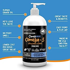 100% Pure Omega 3 Fish Oil for Dogs & Cats - Omegease Supplement for Skin & Coat, Itching, Shedding, Joints & Immune Health (32 oz)