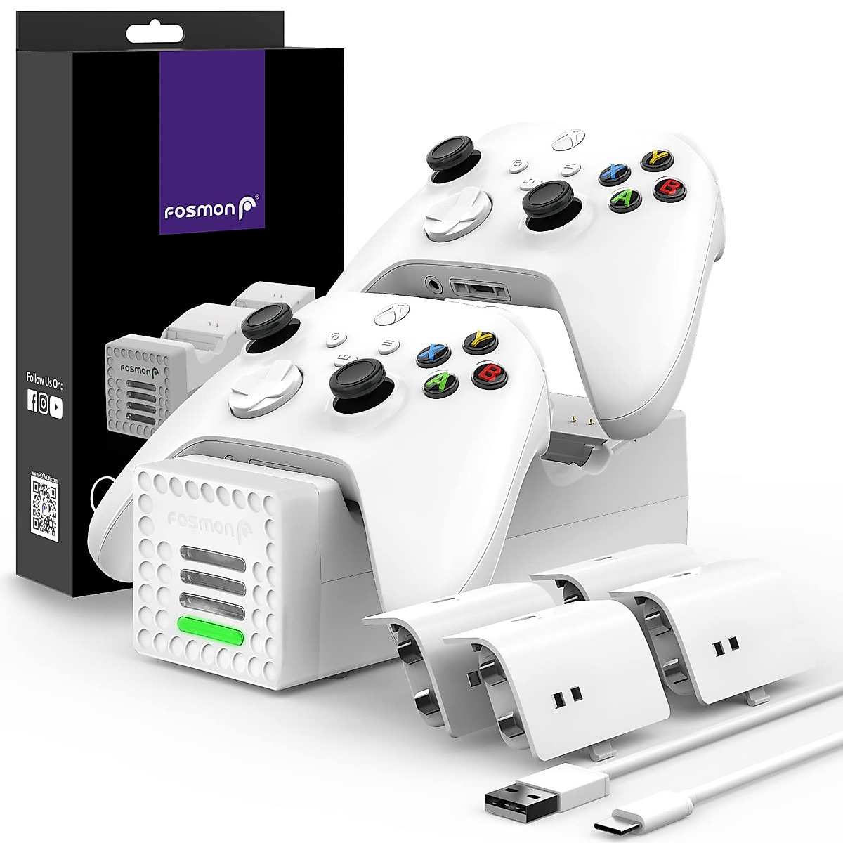 Fosmon Quad PRO Controller Charger Compatible with Xbox Series X/S Controllers (Not for Xbox One / 360 / Elite 2) Controllers, Dual Dock Charging Station with 4 Rechargeable Battery Packs - White
