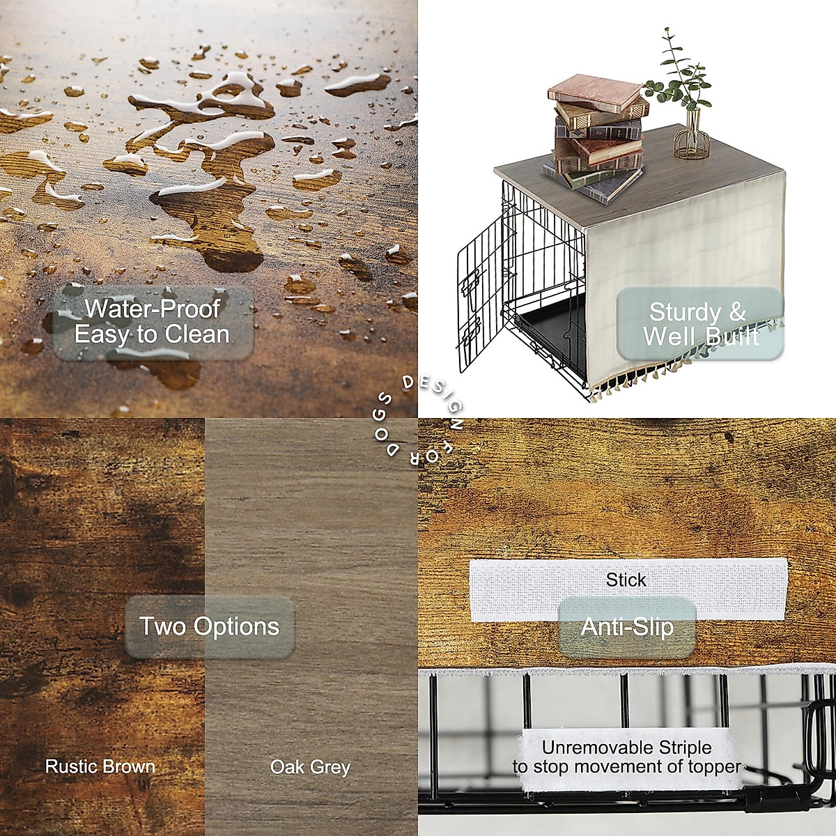 VIE DE AMAN Dog Crate Topper Wood for 48 42 36 24 inch Cages, Dog Crate Table Topper with Tassel Curtain, Rustic Style Dog Kennel Topper, Rustic Brown(Dog Crate Not Include)