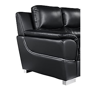 Blackjack Furniture Binion Modern Leather Loveseat for Living Room with Padded Headrests, Stainless Steel Legs & Accent Chrome Trim, Black