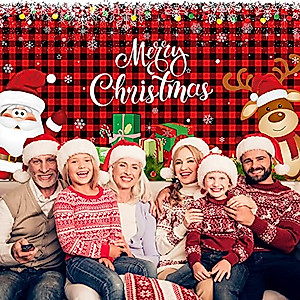 Christmas Backdrop Banner Santa Claus Reindeer Party Background Decoration for Xmas Holiday Photo Booth Photography Props Wall Hanging Decor, 72.8 X 43.3 Inch (Black-red,Plaid Pattern)