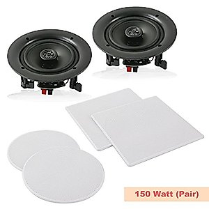 Pyle Pair 5.25” Flush Mount In-wall In-ceiling 2-Way Speaker System Spring Loaded Quick Connections Changeable Round/Square Grill Stereo Sound Polypropylene Cone Polymer Tweeter 150 Watts (PDIC1656)