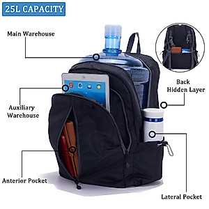 YZAOLL 25L Lightweight Packable Hiking Backpack Waterproof Hiking Daypack for Women Men Gym Backpack Travel Camping Vacation,Black
