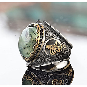925 Sterling Silver Men's Ring with Natural Prehnite Stone, Handcrafted Unique Design, Green Gemstone Ring for Men
