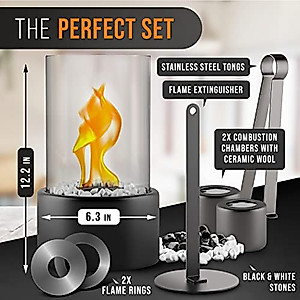 Flammtal Tabletop Fire Pit [4h Burning Time] - Indoor & Outdoor - Ethanol Table Top Fire Pit Bowl with Black & White Stones - Portable Fire Pit with 2 Combustion Chambers - Fire Bowl