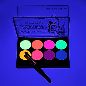 MEICOLY Glow UV Blacklight Face Paint, 8 Bright Colors Neon Fluorescent Body Painting Palette,Water Activated Eyeliner,Water Based Glow In The Dark Party Halloween Washable for Kids Adult Body Paint