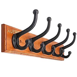 XUEBEI Rustic Cast Iron Coat Hooks Black Wall Hooks Coat Rack Heavy Duty Coat Rack with 5 Wall Hooks,Bedroom Ash Wooden Modern Farmhouse,Entryway Hooks, Bags,Towels