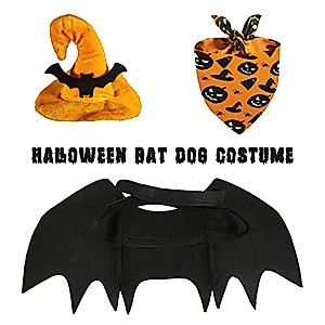 Halloween Pet Costumes, Dog Bat Wings Costume with Hat and Bandana Cosplay Party Decoration Costume Puppy Bat Dress Up Funny Cool Apparel for Small Medium Large Dogs Cats