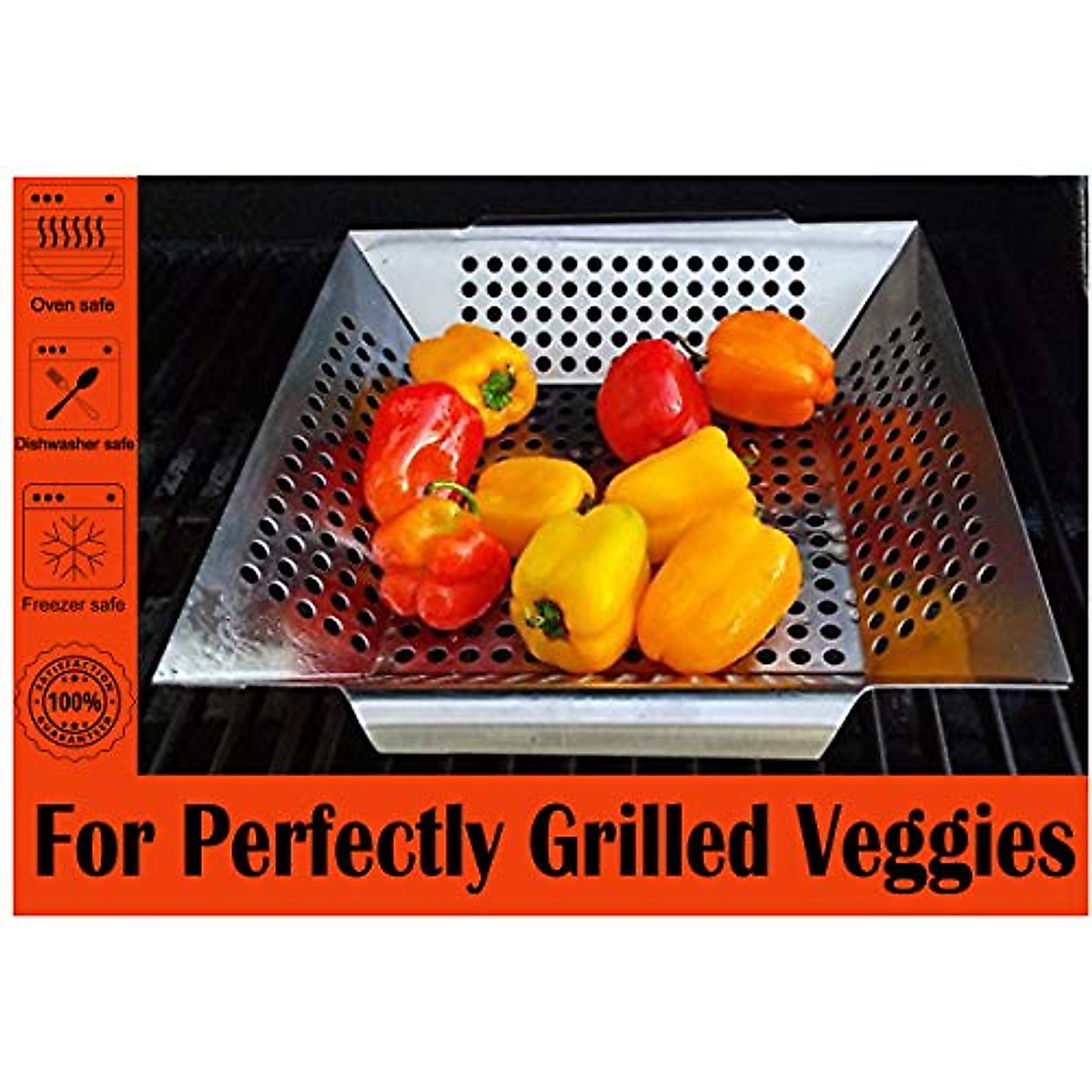 Professional Grade Stainless Steel Grill Basket, BBQ Accessories, Meats, Vegetables, Seafood, Pizza, Kabob. Fits Charcoal, Gas Grills Camping Cookware Grill Tool Gift for Dad