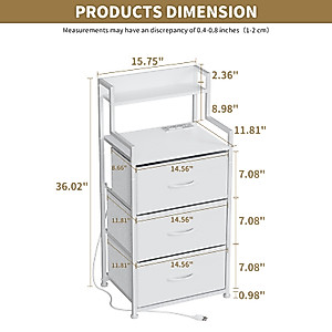 Leadpro Tall Nightstand with Light and Charging Station, Night Stand with 3 Fabric Drawers and Storage Shelf, Nightstands Bedside Tables with USB Ports Outlets for Bedroom, Home, Dorm (White)