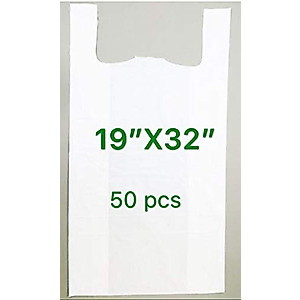 ROYAL 7 50CT Jumbo/Extra Large Plastic Grocery Reusable T-shirts Carry-out 19x10x32 Bags (WHITE, 50)