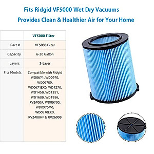 VF5000 Shop Vac Filters for Ridgid Shop Vac,3-Layer Pleated Paper vacuum filter Fits for Rigid Wet Dry Vacuums 5-20 Gallon for WD1450 RV2400A WD0970 WD1270 WD06700 WD1851 WD1680