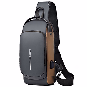 Geanbun Sling Bag for Men Anti-Theft USB Crossbody Backpack Waterproof Chest Daypack Lightweight Shoulder Bag (Grey)