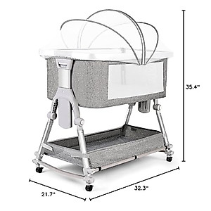 SPS Baby Bassinet Bedside Sleeper with Storage Basket and Wheels,Easy Folding Bedside Crib,Adjustable Height Portable Baby Bed for Newborn Infant