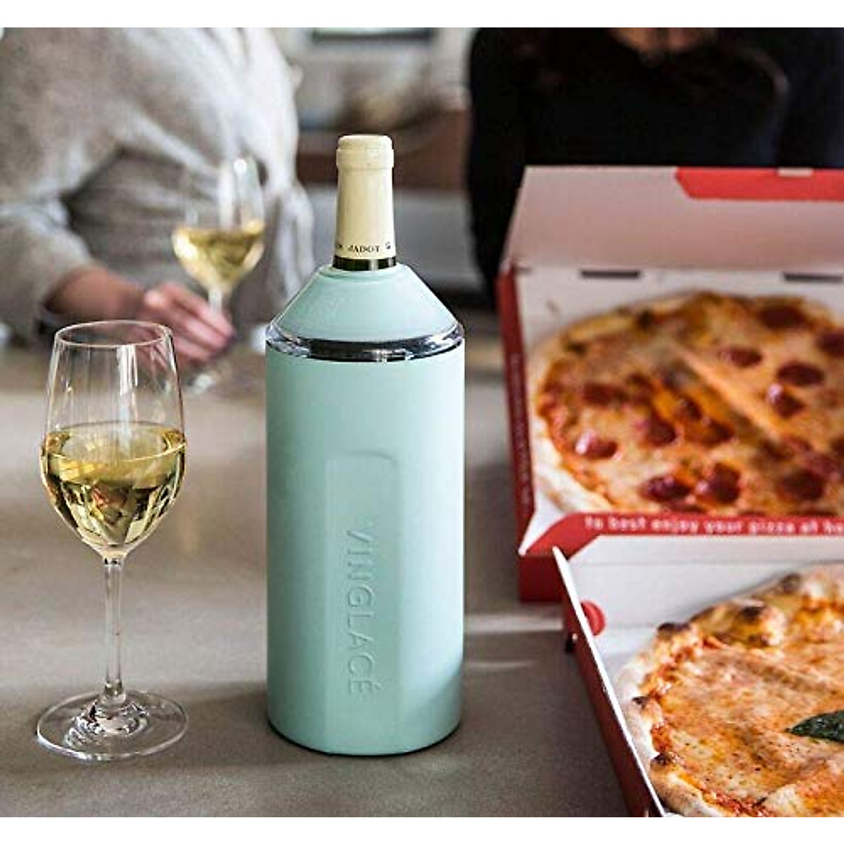 Vinglacé Wine Bottle Chiller- Portable Champagne Insulator- Stainless Steel Wine Cooler Sleeve, Sea Glass
