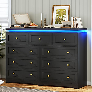 AOGLLATI Tall Dresser for Bedroom with 9 Drawers,55.1” Long Black Dresser with Led Lights, Modern Chest of Drawers, Led Wide Bedroom Dresser with Top Floating Design for Bedroom Hallway,Black