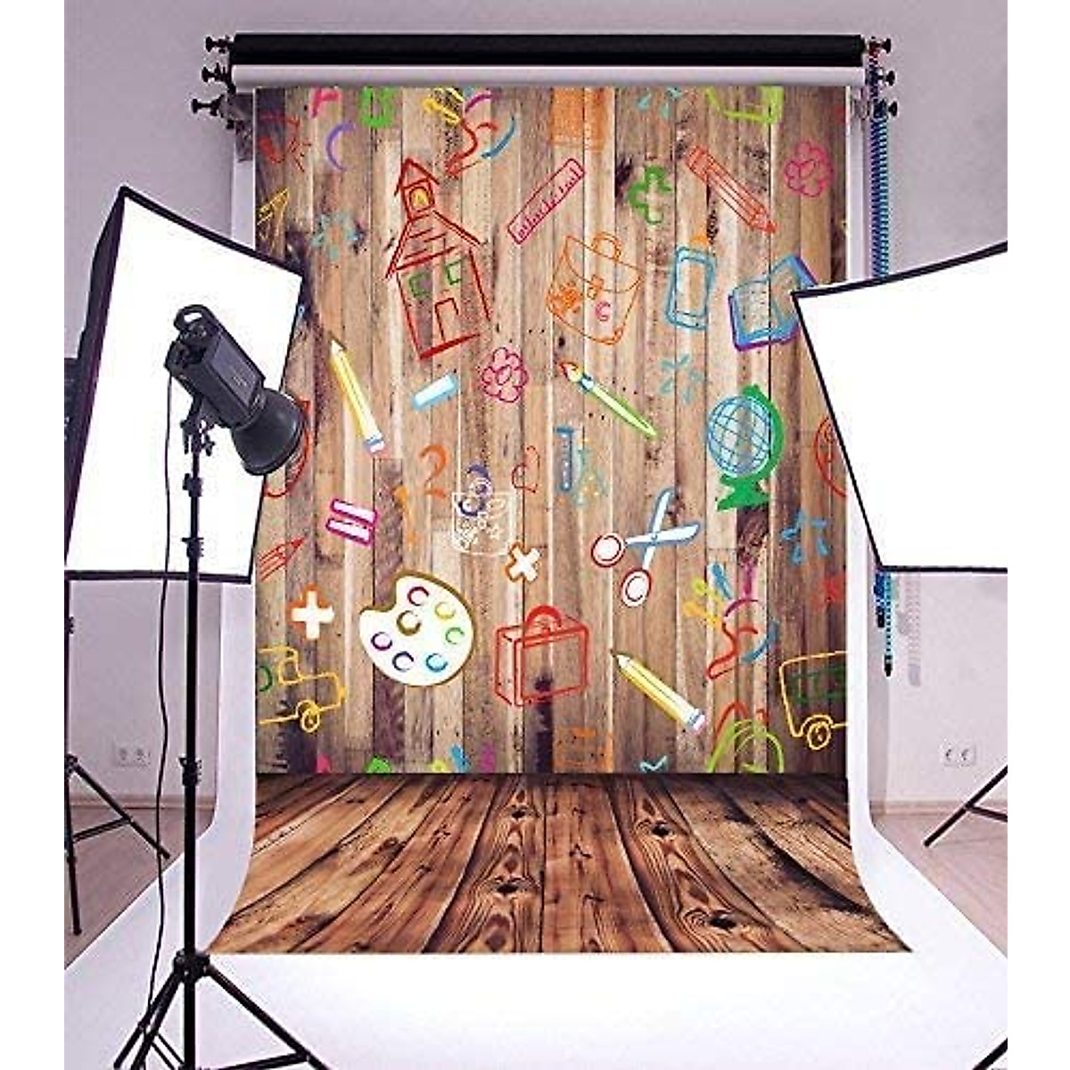 Leowefowa Back to School Backdrop 5x7ft Vinyl Photography Backdrops Hand Painted Pencils House Books on Vintage Retro Stripes Wood Floor Background Baby Kids Children Photo Studio Props