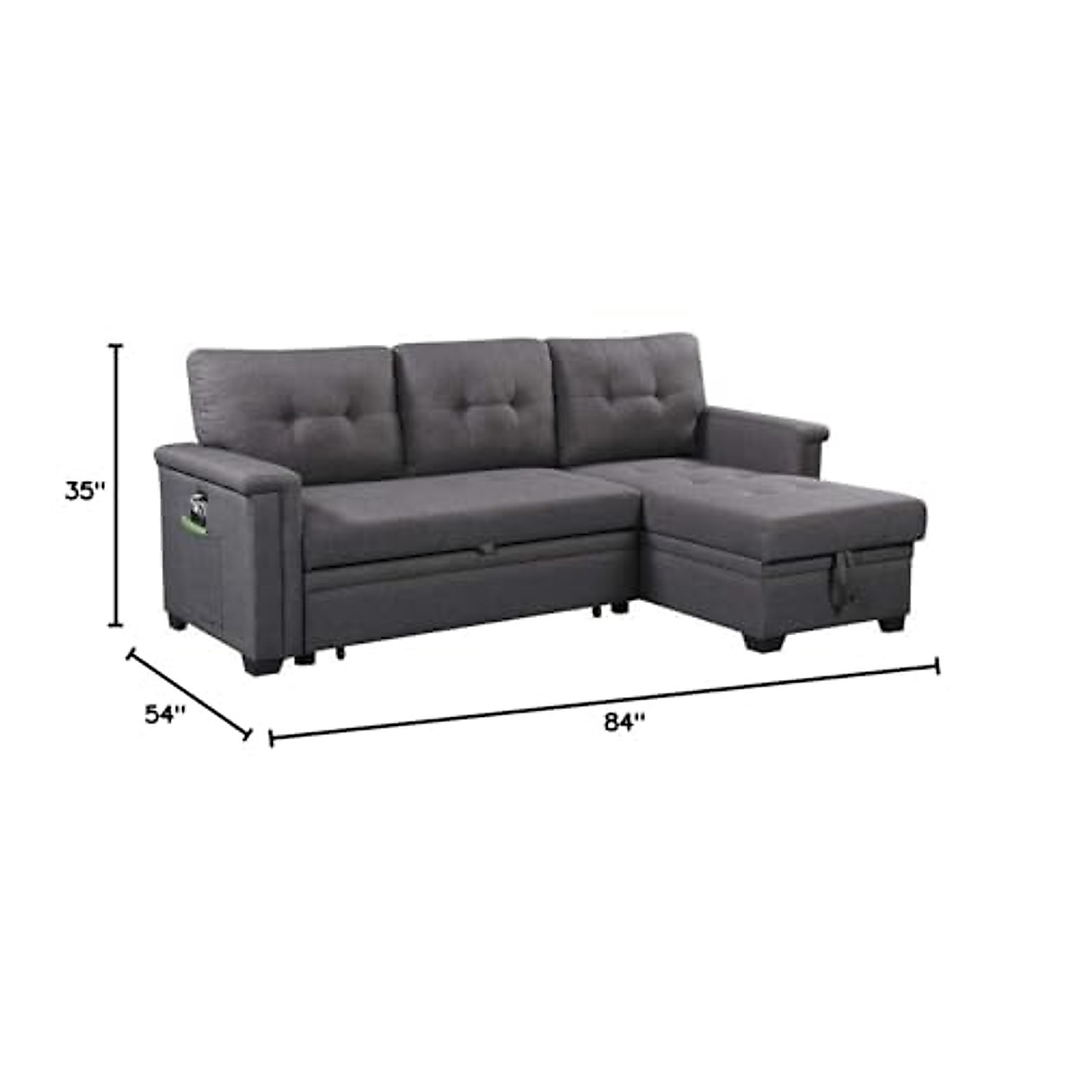 OMGO L-Shape Convertible Sleeper Sectional Sofa with Storage Chaise and Pull-Out Bed, Linen Upholstered Reversible Corner Couch w/USB Charger Ports and Pocket, 84, Dark Gray
