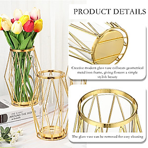 Lallisa 8 Pcs Gold Flower Vase Glass Vase Metal Geometric Vase Geometric Centerpiece with Glass Tall Geometric Candleholders for Candle Rose Table Wedding Living Room Decorations, 9.45 Inch, 7.87 Inch