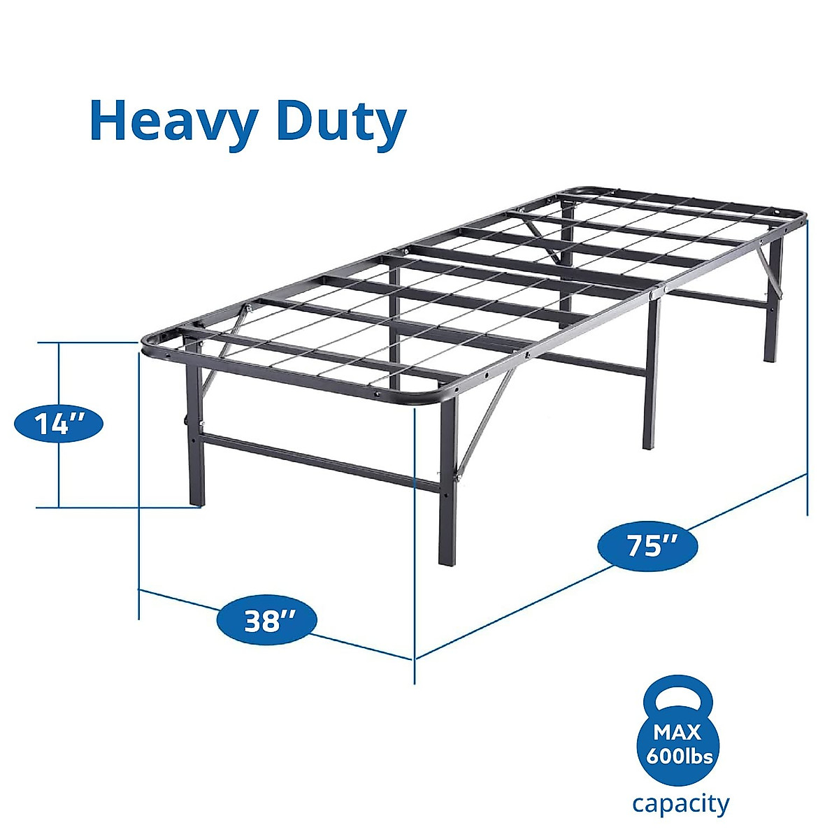 IdealBase 14" Twin Bed Frame Heavy Duty Foldable Bed Frame Folding Bed Frame with Steel Metal Slats Mattress Foundation Box Spring Replacement 600lbs Capacity Platform Bed Twin Bed Frame Size, Black