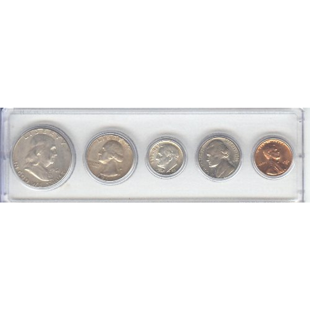 1961 BIRTH YEAR COIN SET- 5 COINS- HALF DOLLAR, QUARTER, DIME, NICKEL AND CENT- ALL DATED 1961 AND ENCASED IN A PLASTIC HOLDER-NOTE-THE COINS WILL BE AS GOOD OR BETTER THEN THE PICTURE-NOTHING LESS