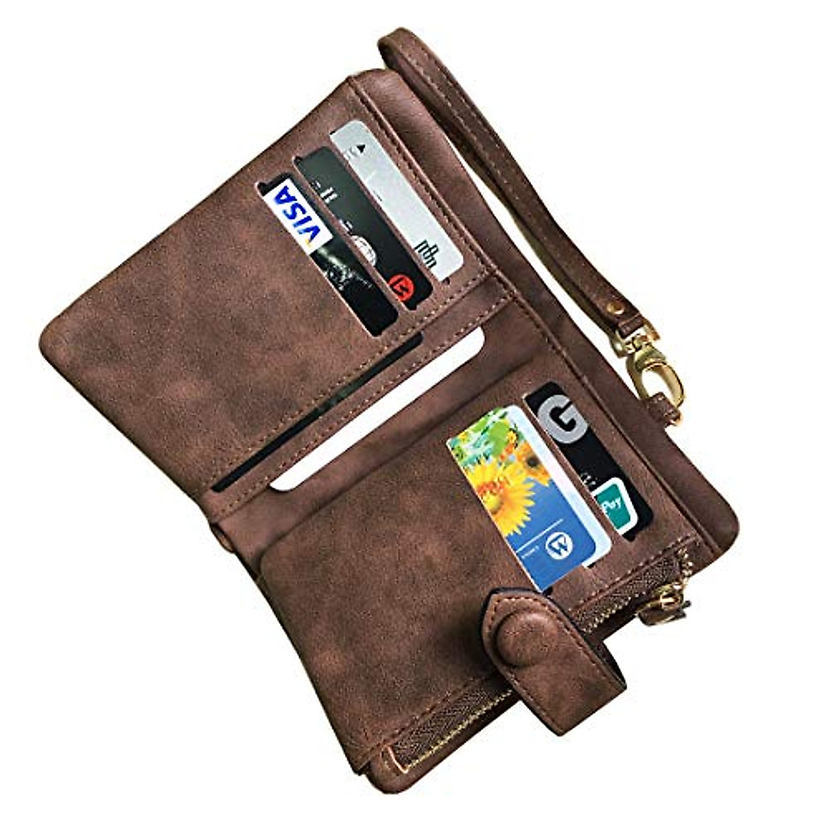 AOXONEL Women's Small Bifold Leather wallet Rfid blocking Ladies Wristlet with Card holder id window Coin Purse (Brown)