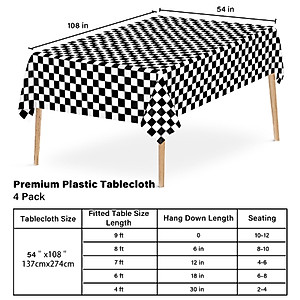 Mulbozy 4 Pcs Black and White Checkered Tablecloths, 54 × 108 Inches Black Checkered Flag Tablecover, Disposable Plastic Gingham Table Cover for Picnic, Truck, Race Car Birthday Party Supplies