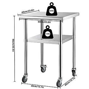 tonchean 24 × 24 × 36in Stainless Steel Workbench with Wheels, NSF Heavy Duty Commercial Workbench with Adjustable Shelves and Caster Brake Cart for Commercial Kitchen, Hotel, Laundry, Storage, Home