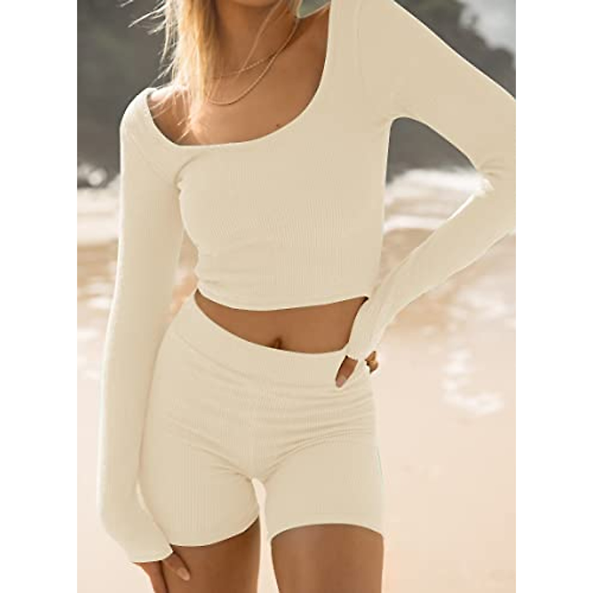 ZESICA Women's Casual 2 Piece Lounge Set Long Sleeve Ribbed Knit Top and High Waist Shorts Workout Set Active Wear Outfits,Beige,Medium