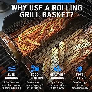 EmGi Grilling Basket 2 PCS, w/ BONUS Grill Brush, BBQ Grill Basket, Rolling Grilling Basket, Stainless Steel Grill Mesh Barbeque Grill Accessories, Portable Grill Baskets for Outdoor Grill for Fish,
