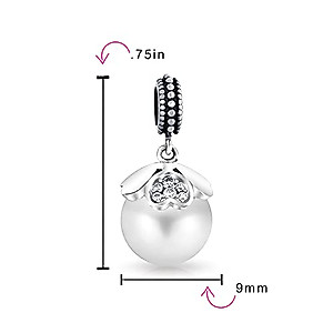 Vintage Style Heart Cap White Simulated Pearl Dangle Charm Bead For Women .925 Sterling Silver Fits European Bracelet