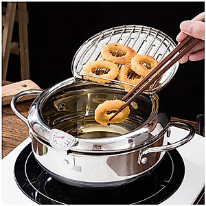 Deep Fryer Pot, Japanese Style Tempura Deep Fryer Frying Pot With Thermometer, Lid, Oil Drip Drainer Rack for French Fries Fish Shrimp Chicken 7.9 Inch/2.2 L 304 Stainless Steel Gifts